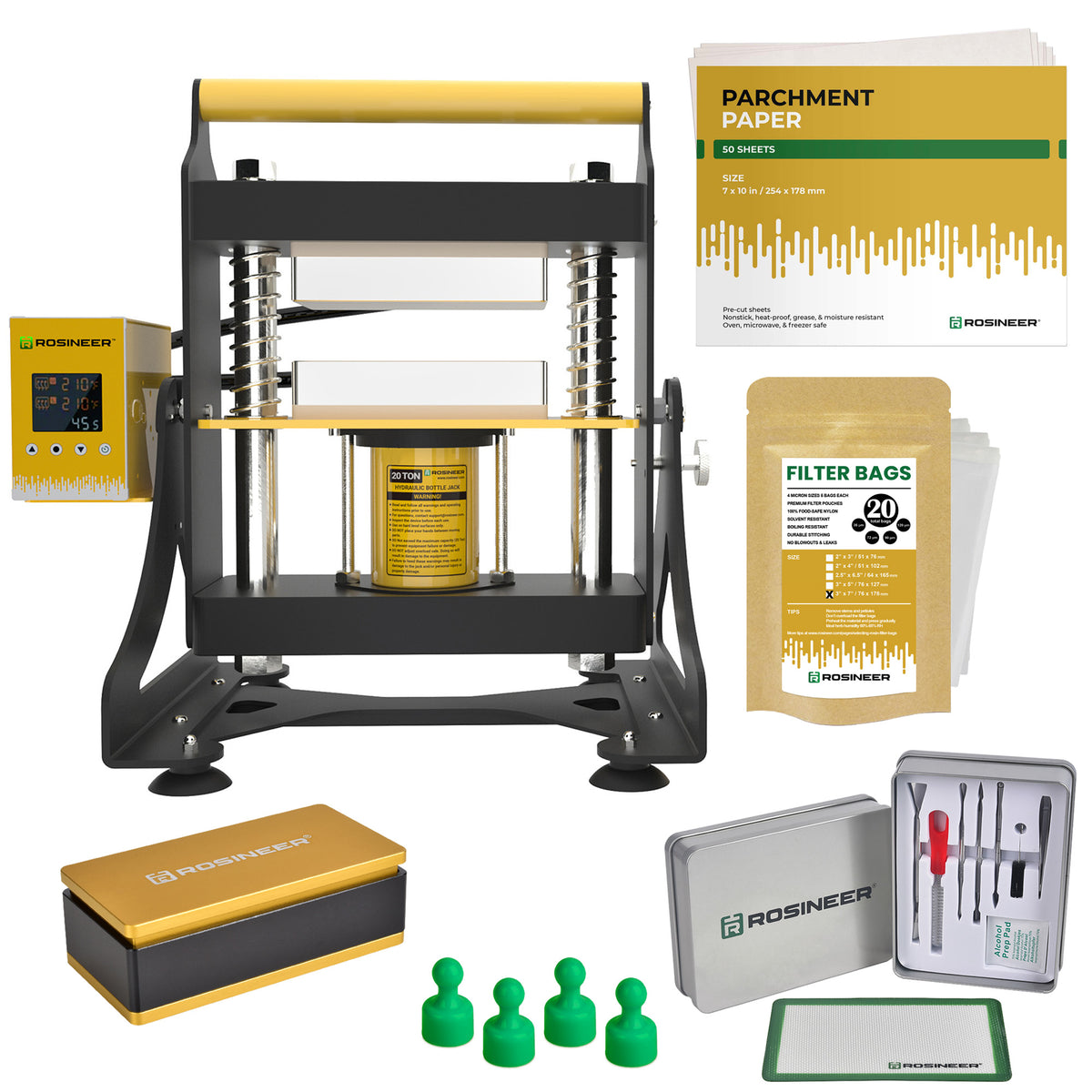 Rosineer SWING 20 Ton Hydraulic Rosin Press and Accessories Bundle