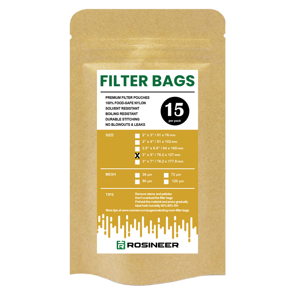 Rosineer Premium Rosin Filter Bags, 3 x 5 in, 36, 72, 90, 120 Microns